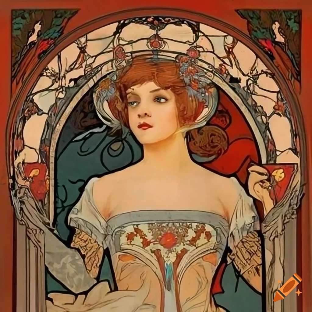 Symbolic artwork inspired by Alphonse Mucha and Toulouse-Lautrec on Craiyon