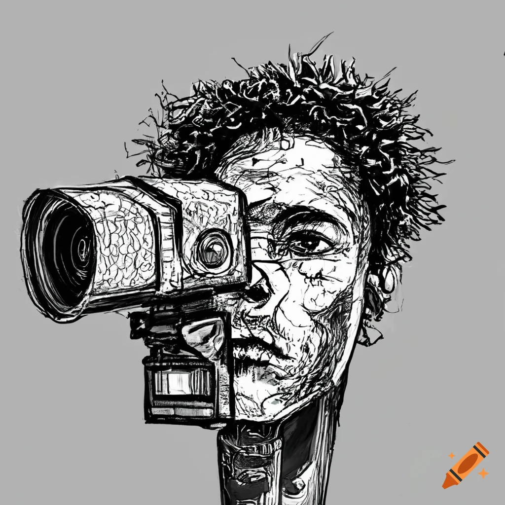 Black ink drawing of a surveillance camera filming a man on Craiyon