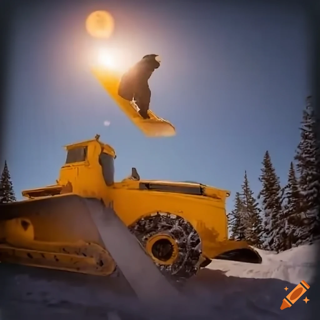 Snowboarder doing a grab over a bulldozer at golden hour on Craiyon