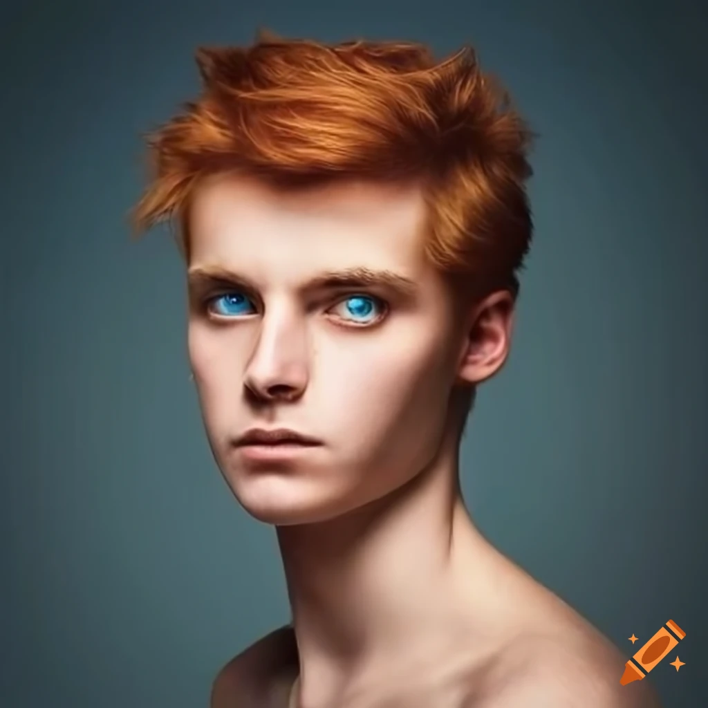 Young man with red hair, blue eyes, and a black shirt on Craiyon