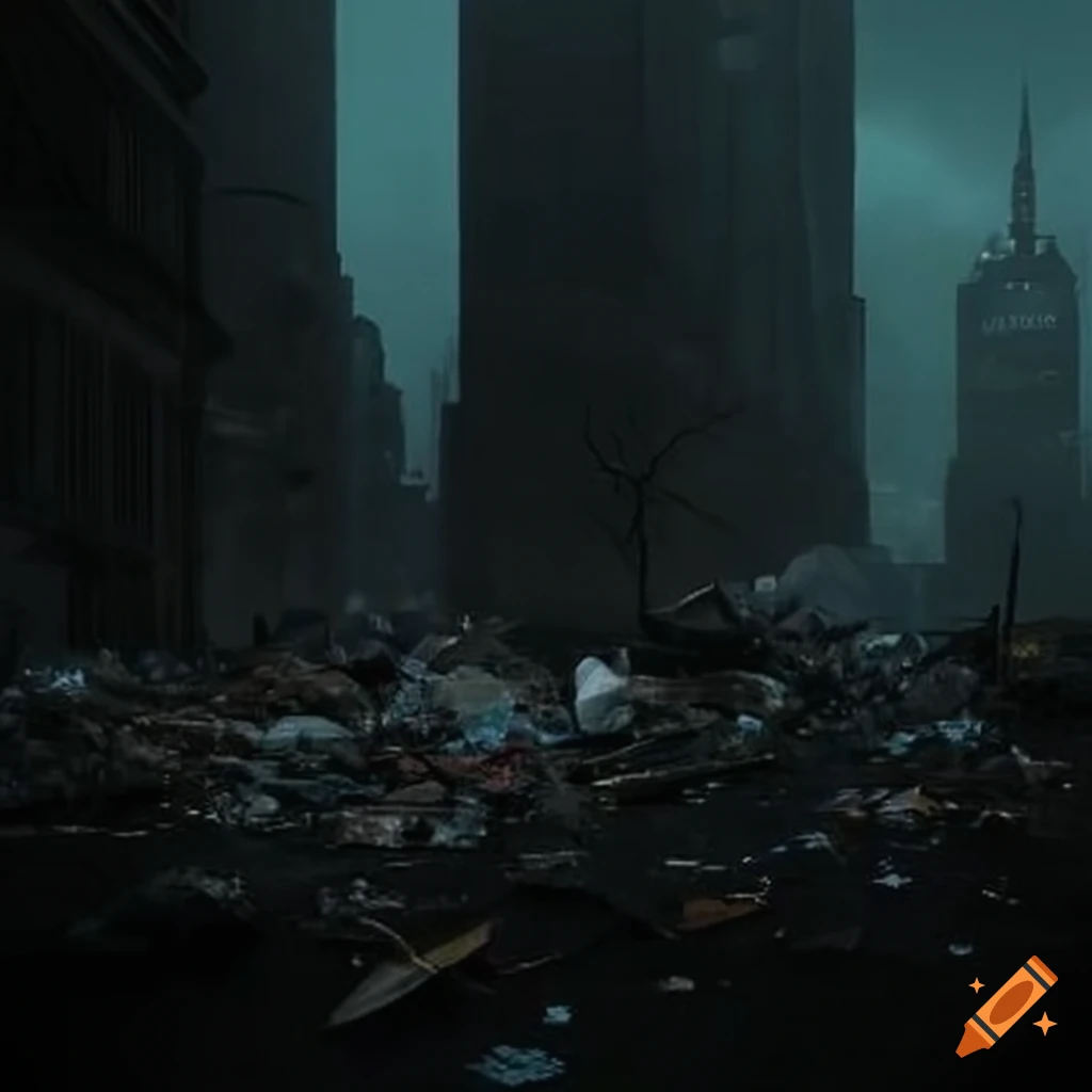 Side view of a trash-filled dark city
