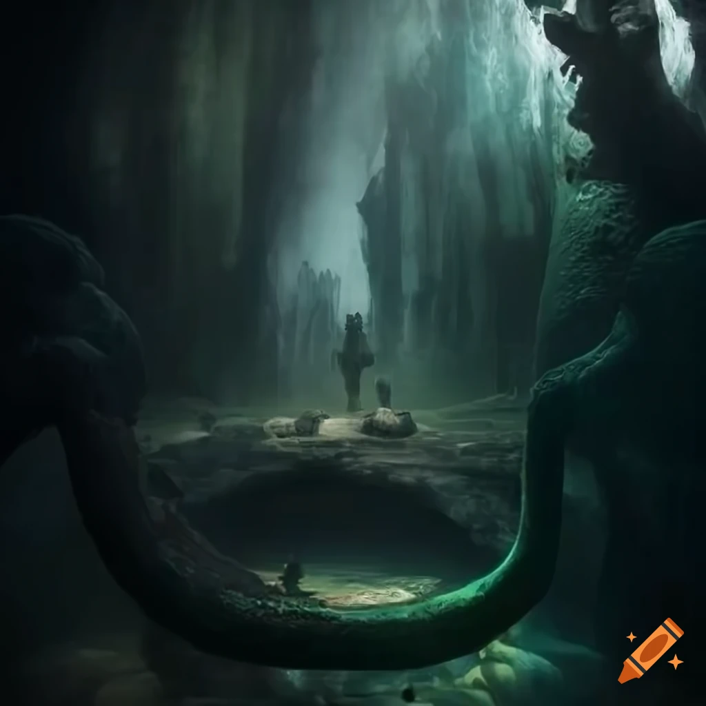 Statue of an ancient deity emerging from a temple in a swamp on Craiyon