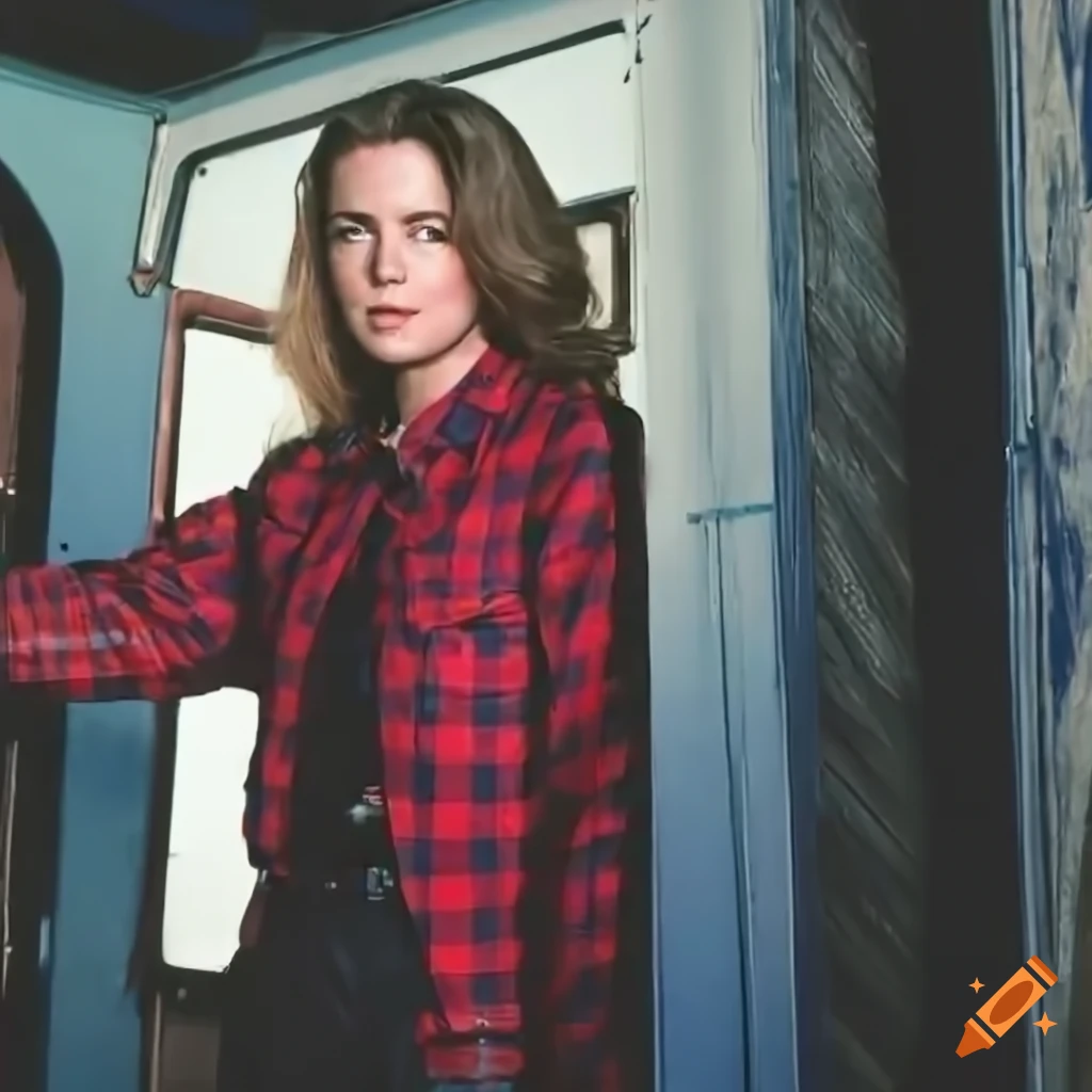Actress Christie Taylor standing in a doorway of a caravan on Craiyon