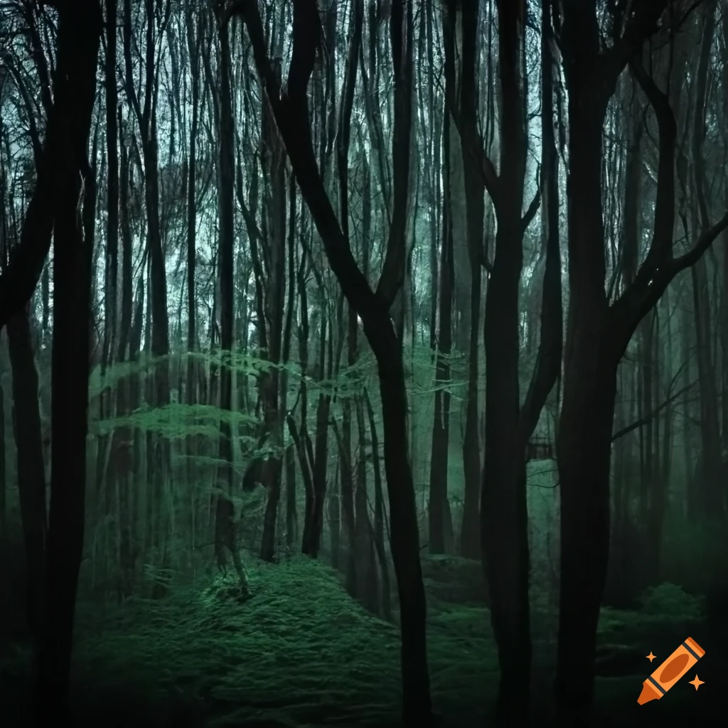Glowing trees in a dark forest at night on Craiyon