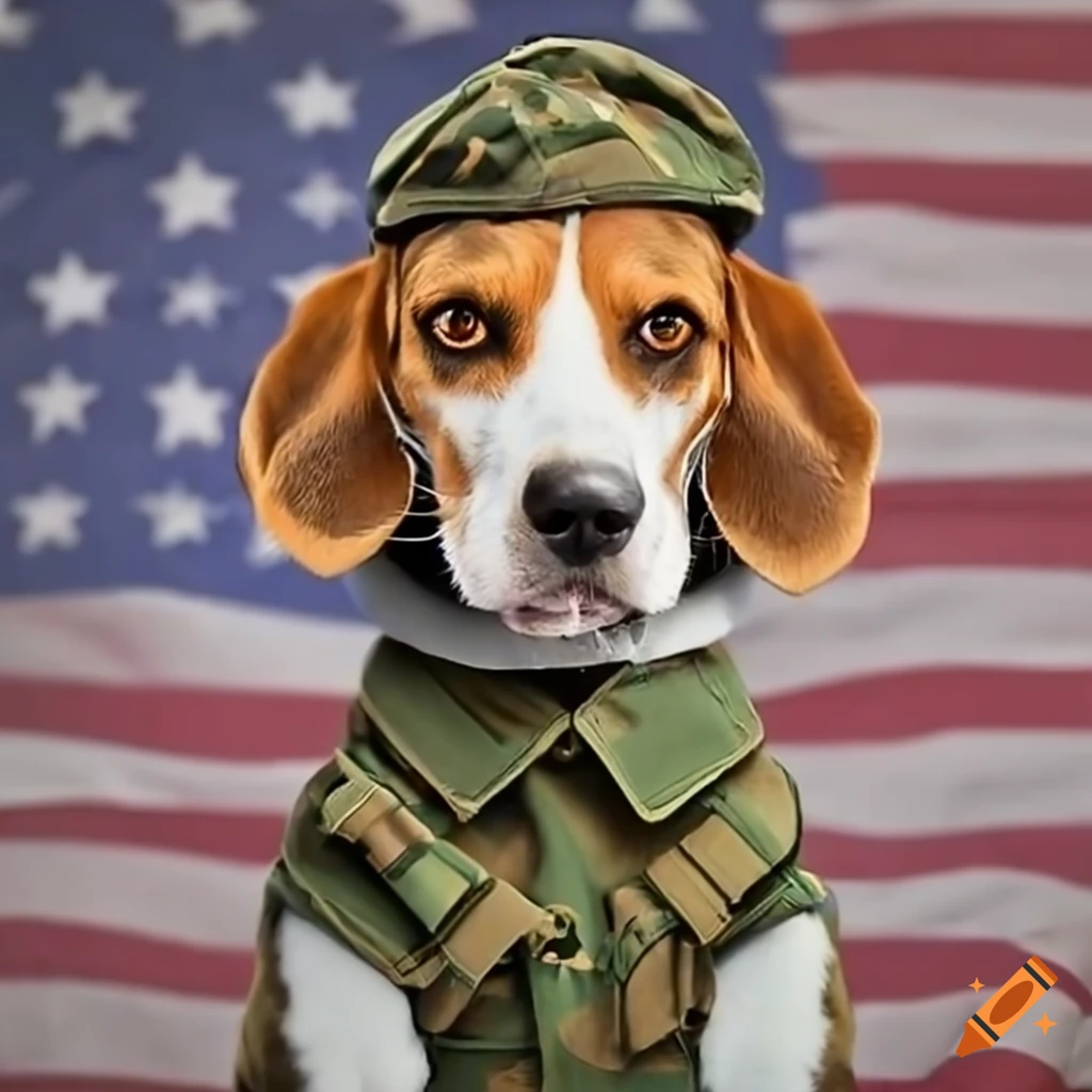 Realistic beagle in military attire with american flag backdrop on Craiyon