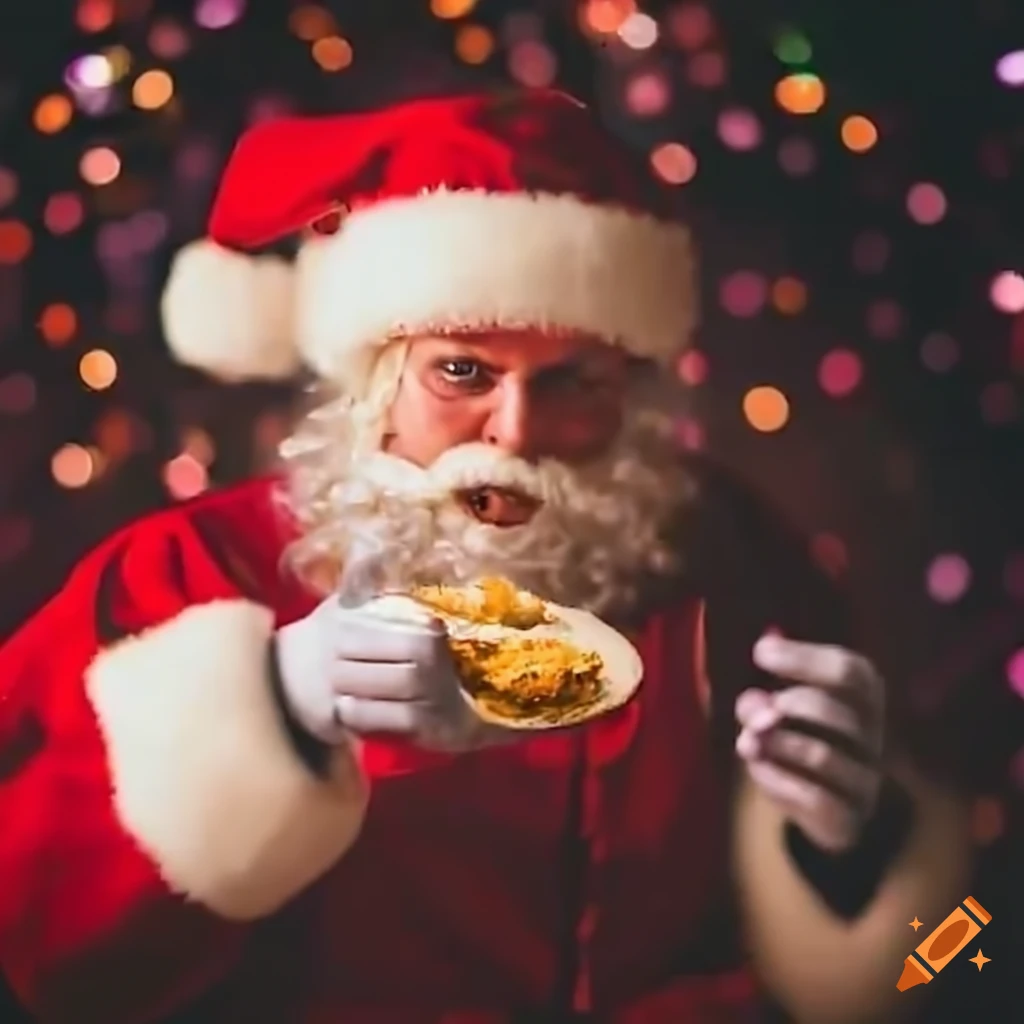 Humorous image of santa claus dancing and eating hummus on Craiyon