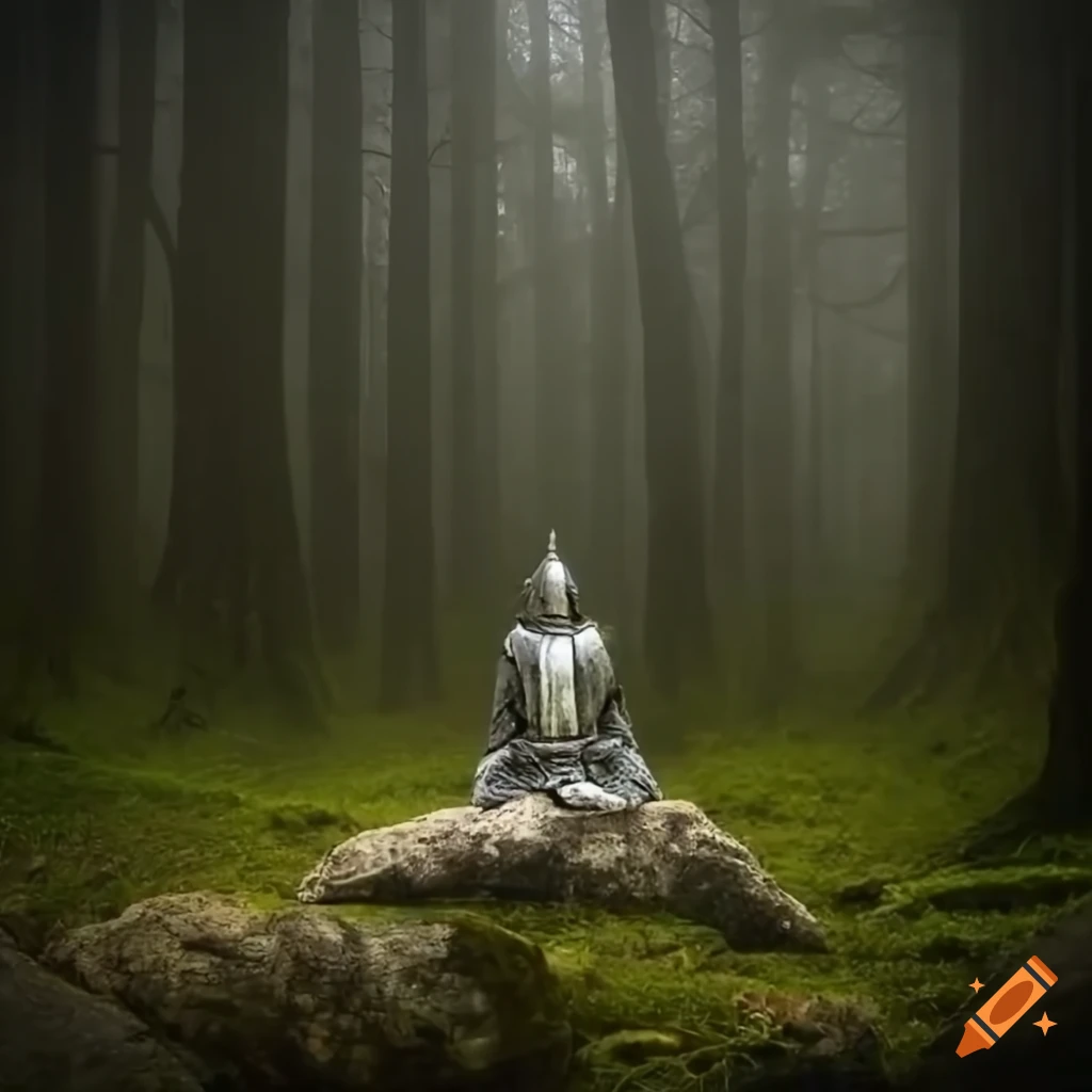 Lonely knight in misty forest