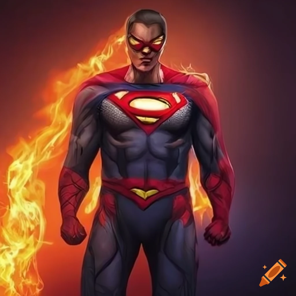 Digital artwork of a multi-limbed superhero in flames on Craiyon