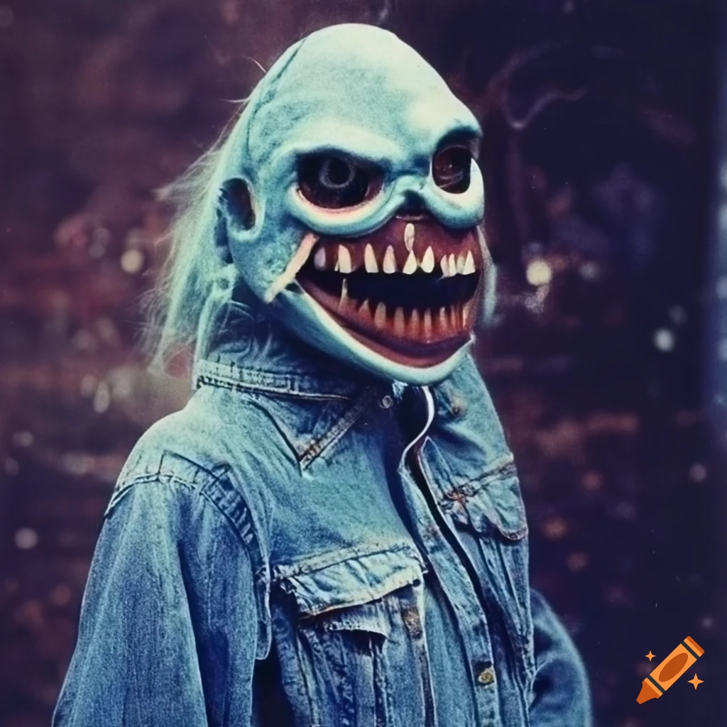 Person wearing retro monster mask and jean jacket on Craiyon