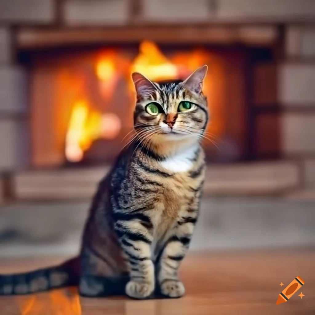 Cozy cat sitting by the fireplace