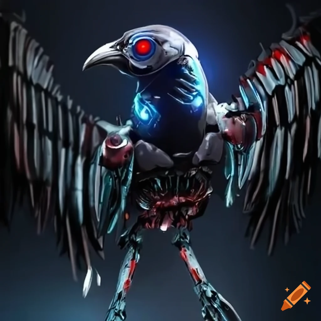 Sinister robotic raven with glowing red eyes on Craiyon