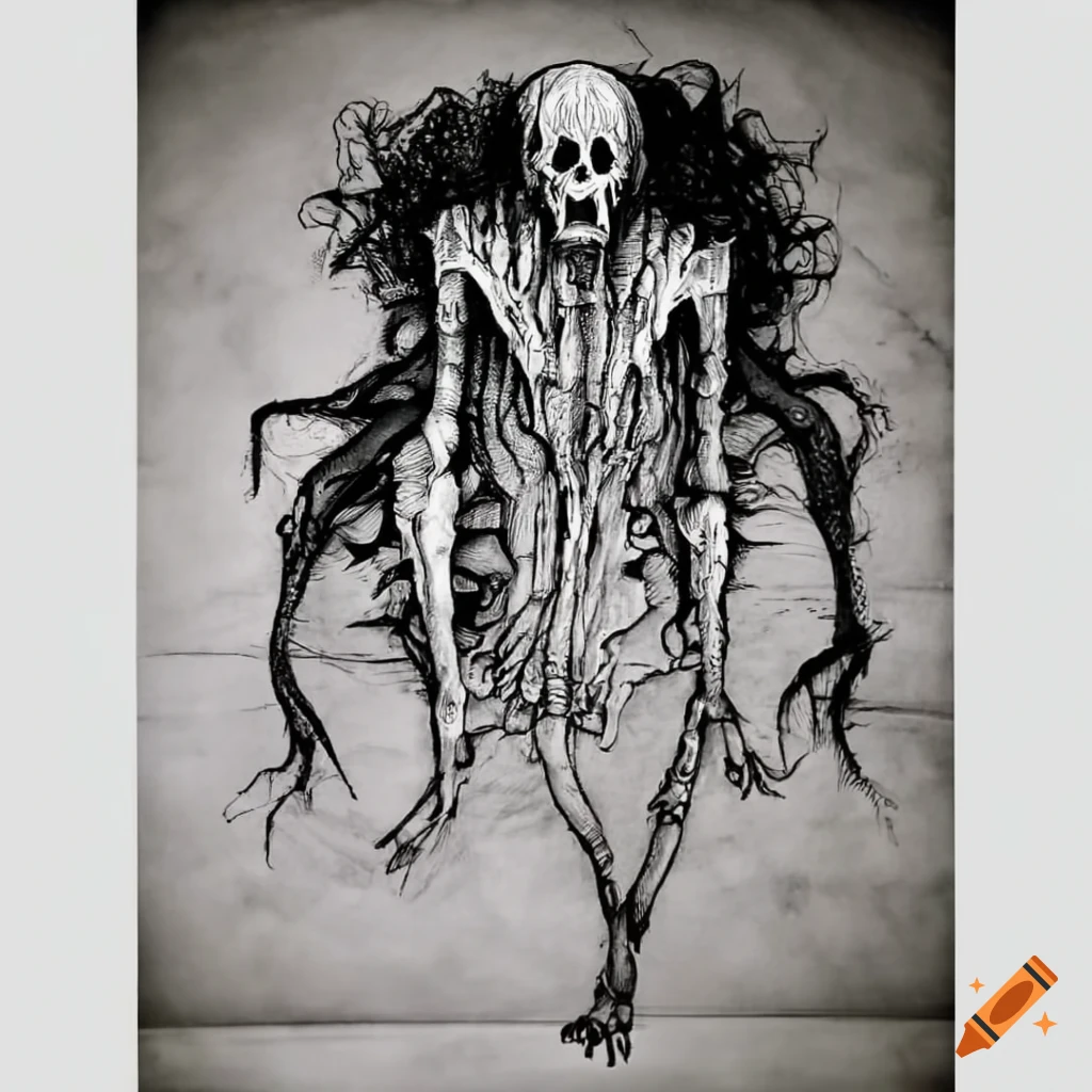 Monochrome ink drawing of a creepy undead humanoid on Craiyon