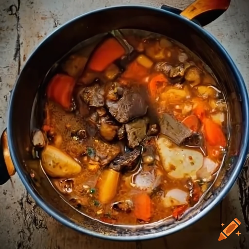 Unappetizing stew in a dirty pot on Craiyon