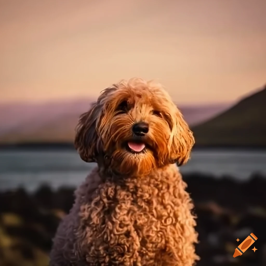 Miniature australian labradoodle in front of a lighthouse on Craiyon