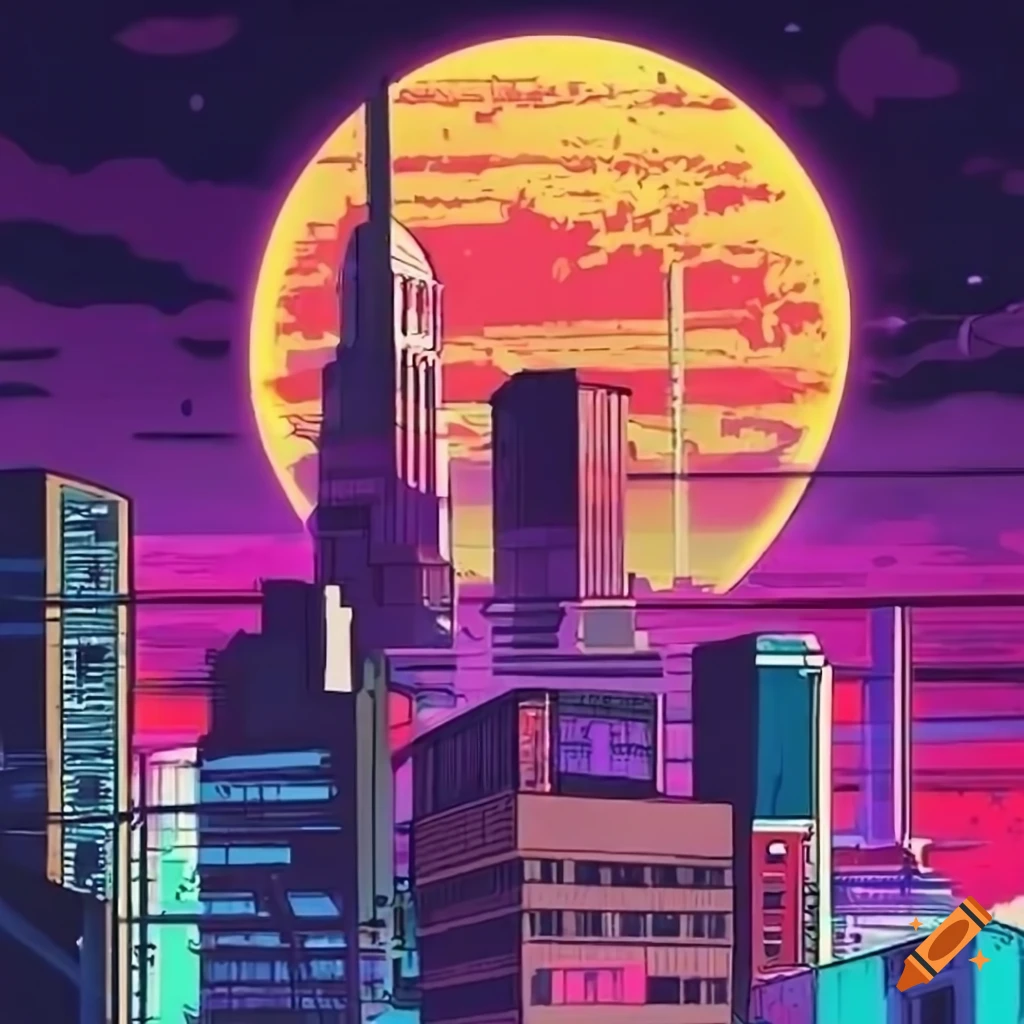 Retro anime-style cityscape on Craiyon