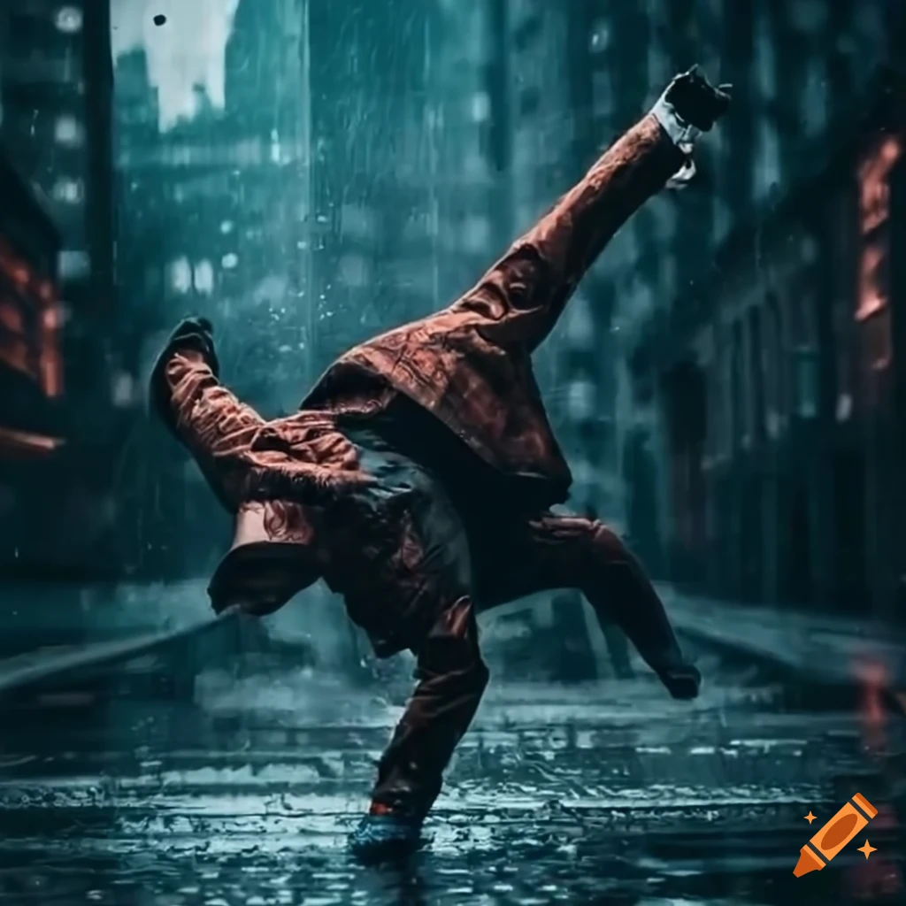 Man falling down in a rainy street