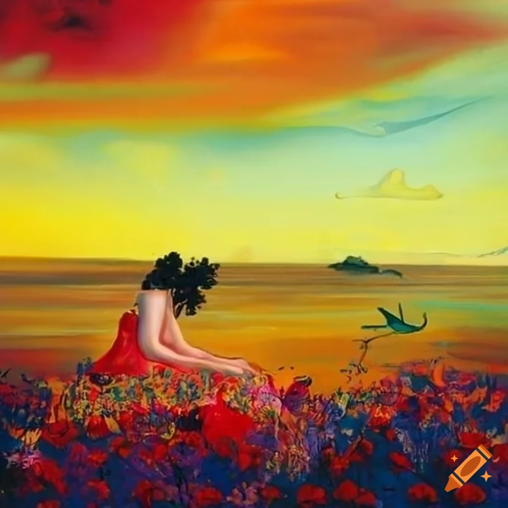 Surreal field of flowers inspired by salvador dali
