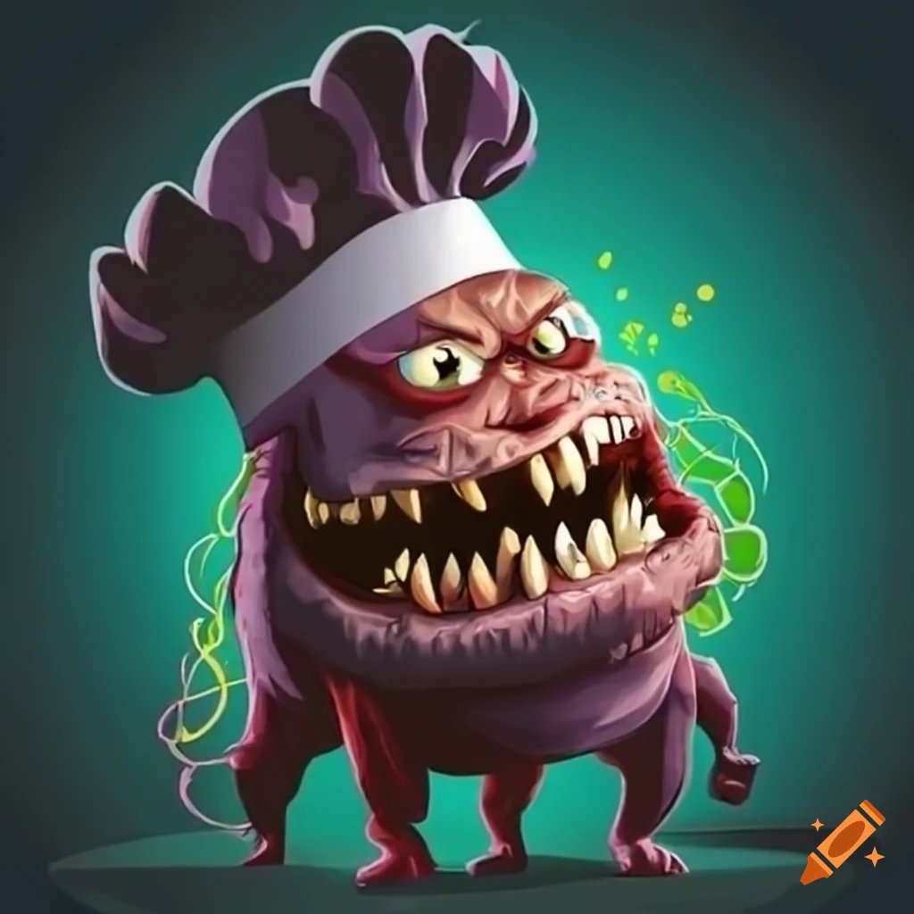 Illustration of an angry monster wearing a chef hat on Craiyon