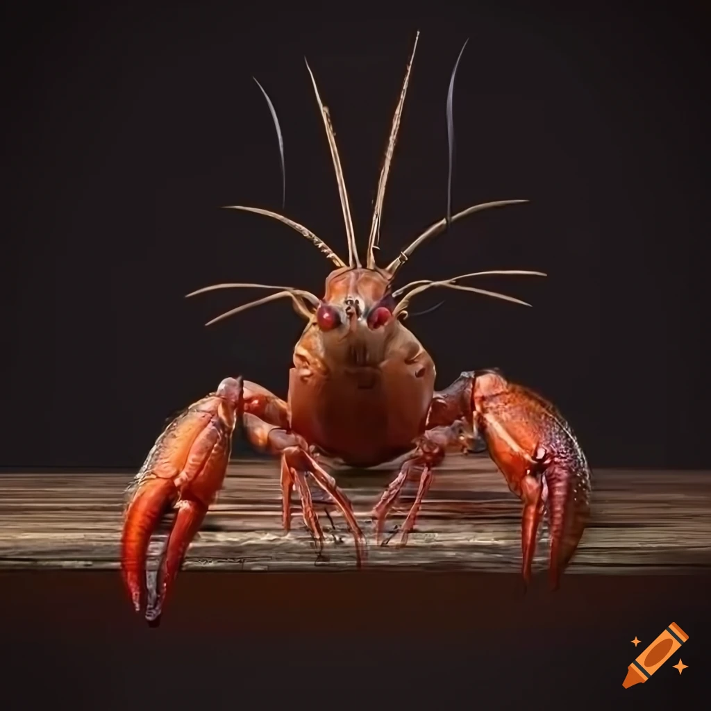 Hyper-realistic artwork of a crawfish on a wooden table on Craiyon