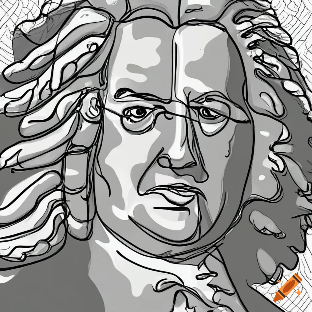 Abstract single stroke line drawing of johann sebastian bach in black ...