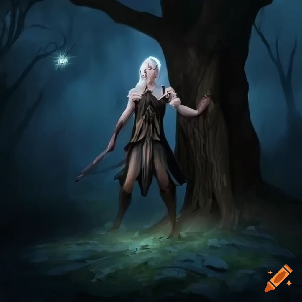 Illustration of a white-haired Male fetchling in the darkness on Craiyon