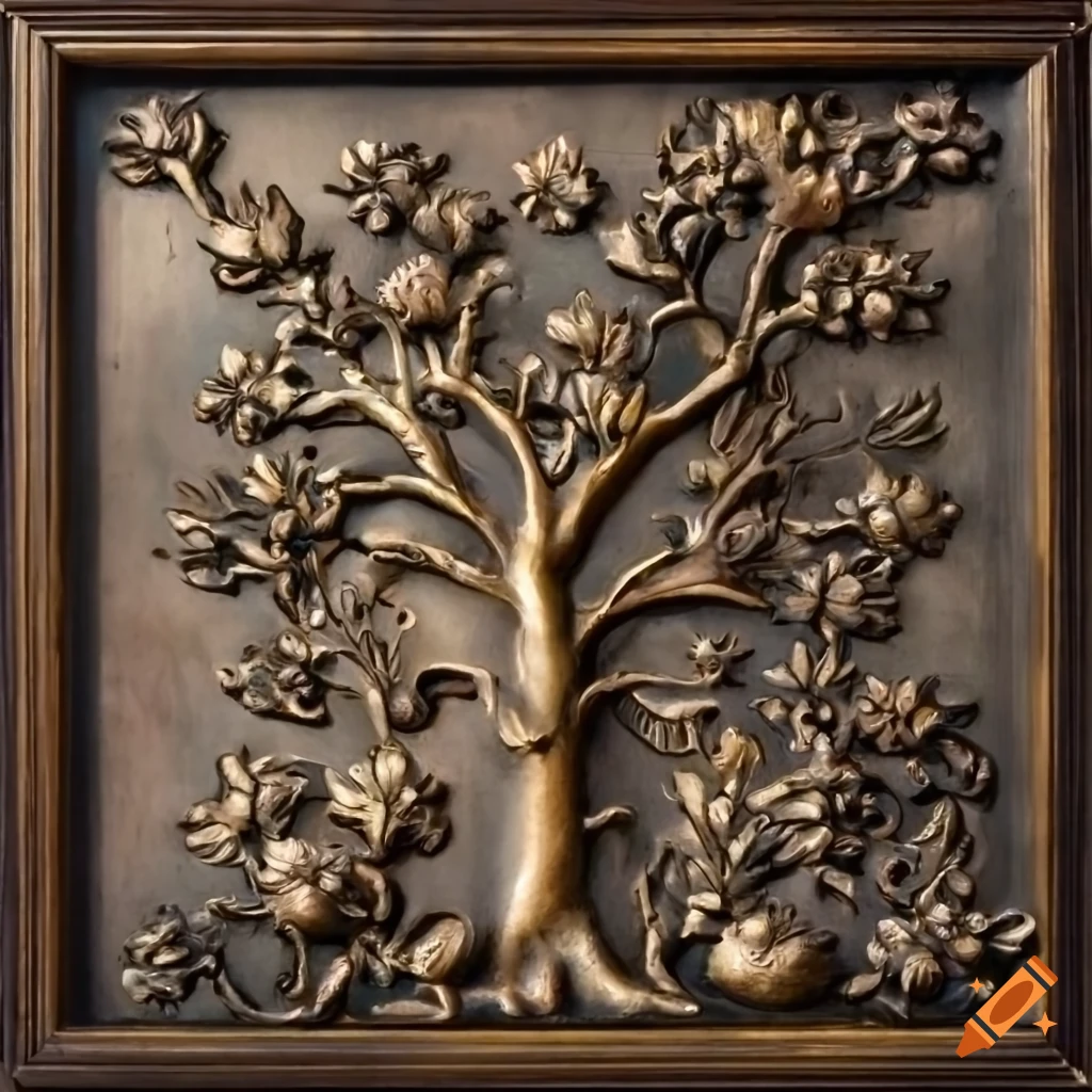 Bronze relief of trees, flowers, and foliage