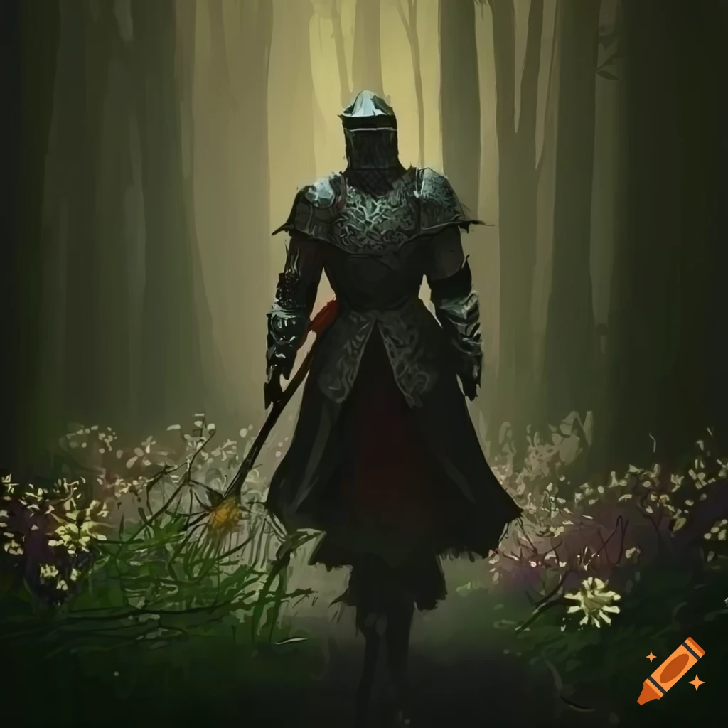 Dark fantasy artwork of a black knight in a foggy forest on Craiyon