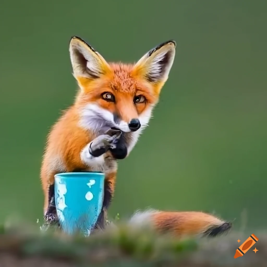 Funny image of a fox drinking from a cup on Craiyon