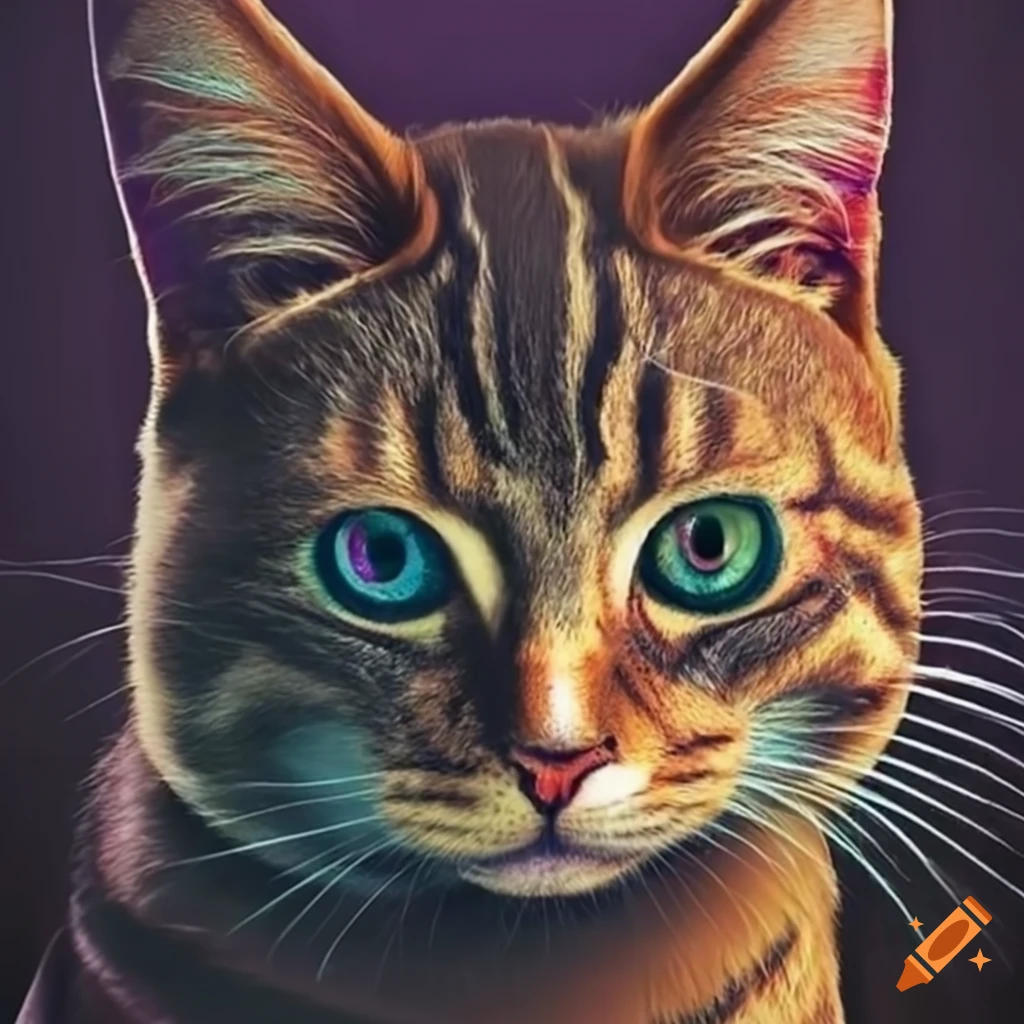 Cat under umbrella during colorful lsd rain