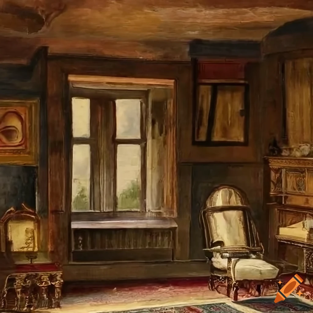 Medieval manor house interior with balcony view on Craiyon