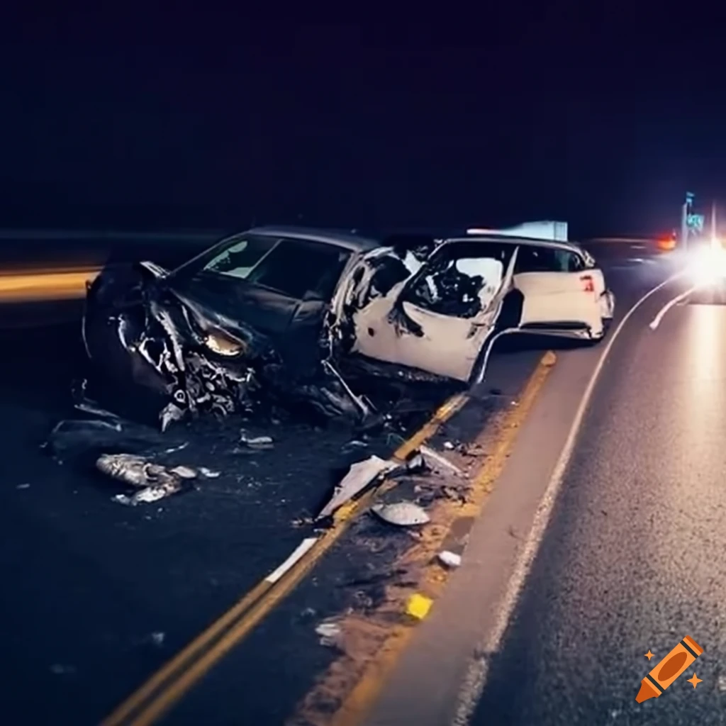 Night view of a high-speed car crash on the highway on Craiyon
