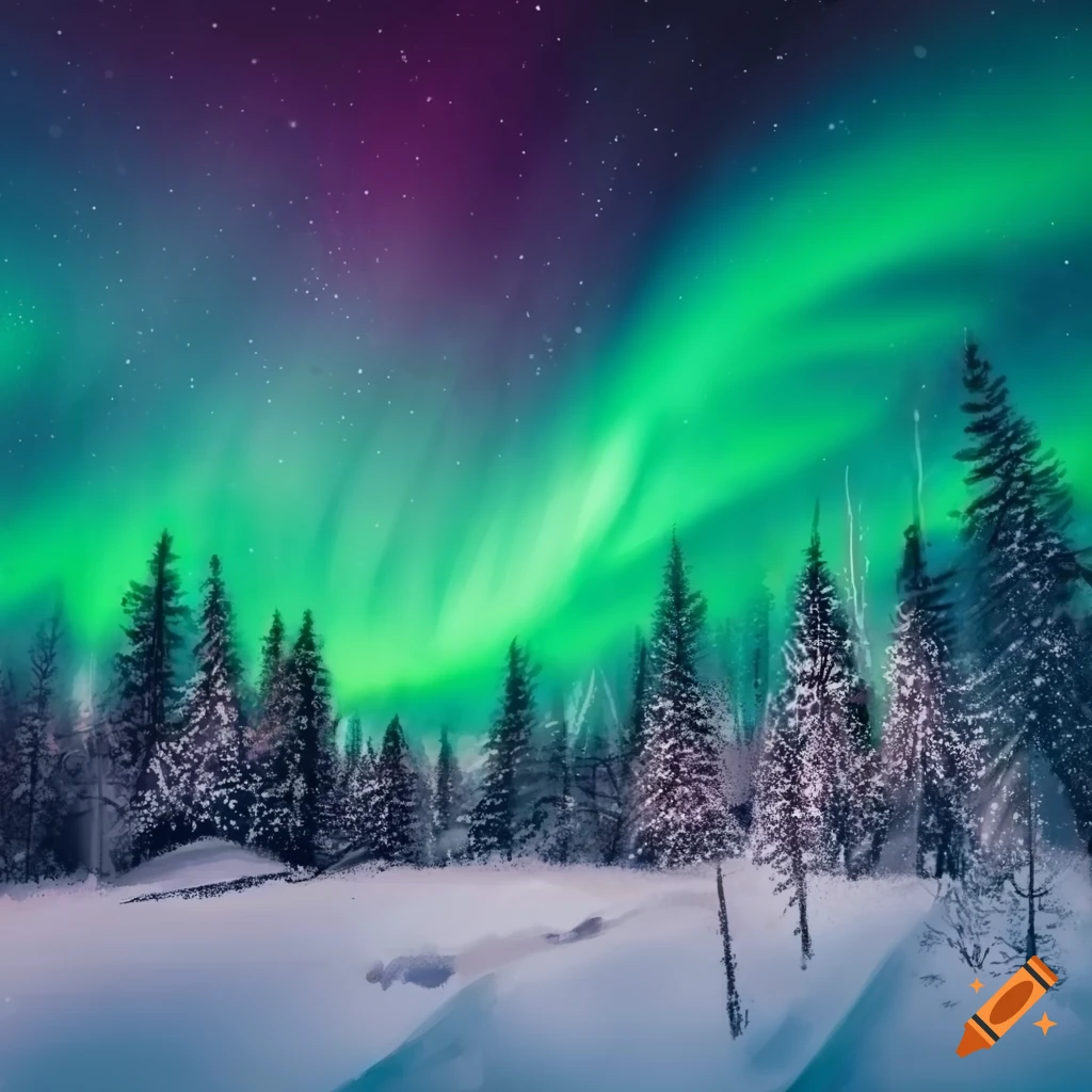 Watercolor painting of winter forest with northern lights