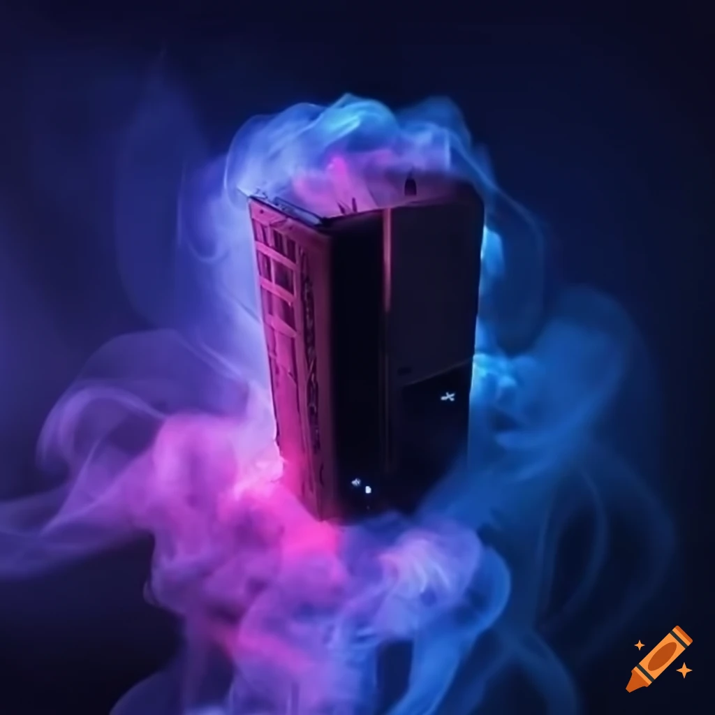 Digital art of a smoking PC emitting glowing codes on Craiyon