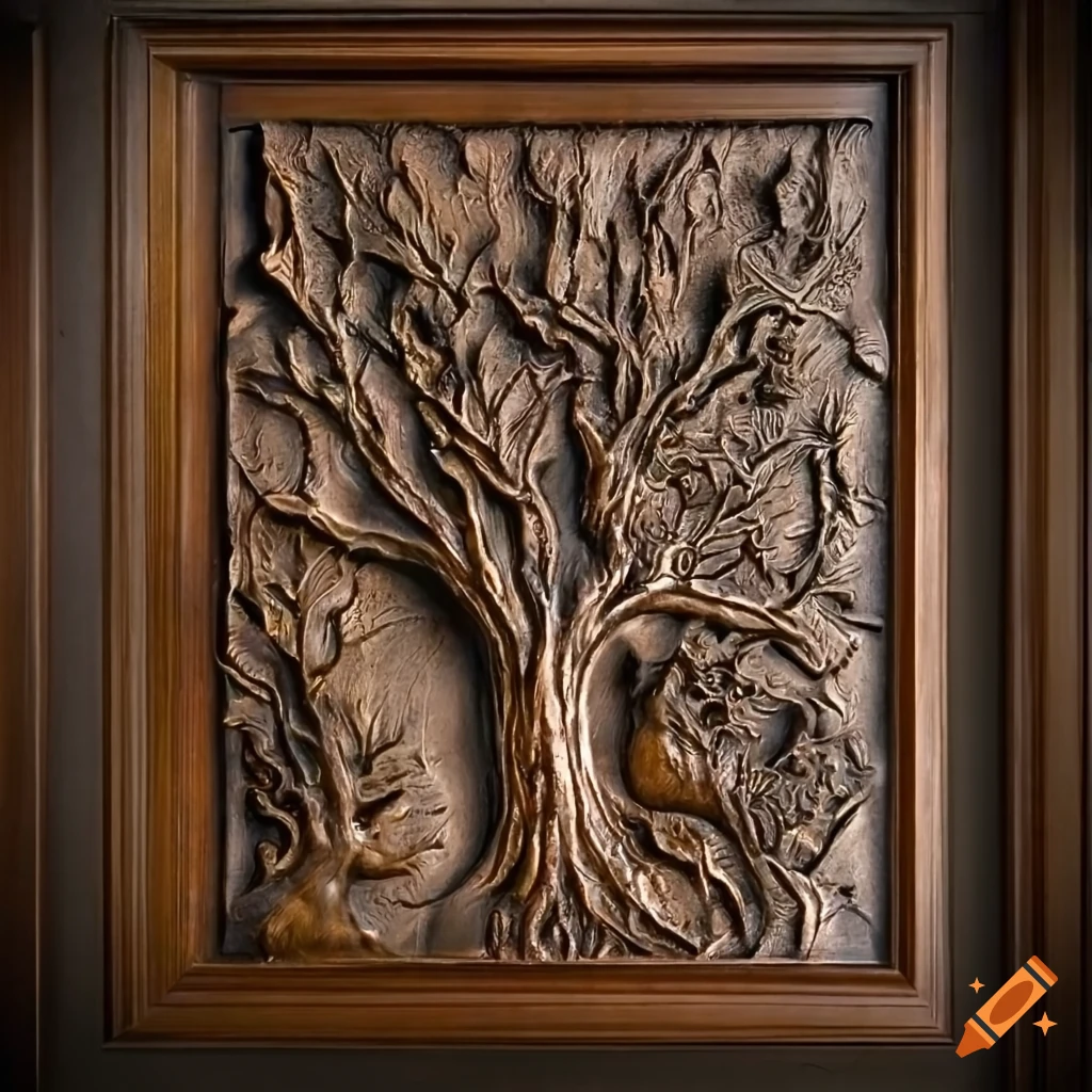 Bronze relief of an oak tree on a wall