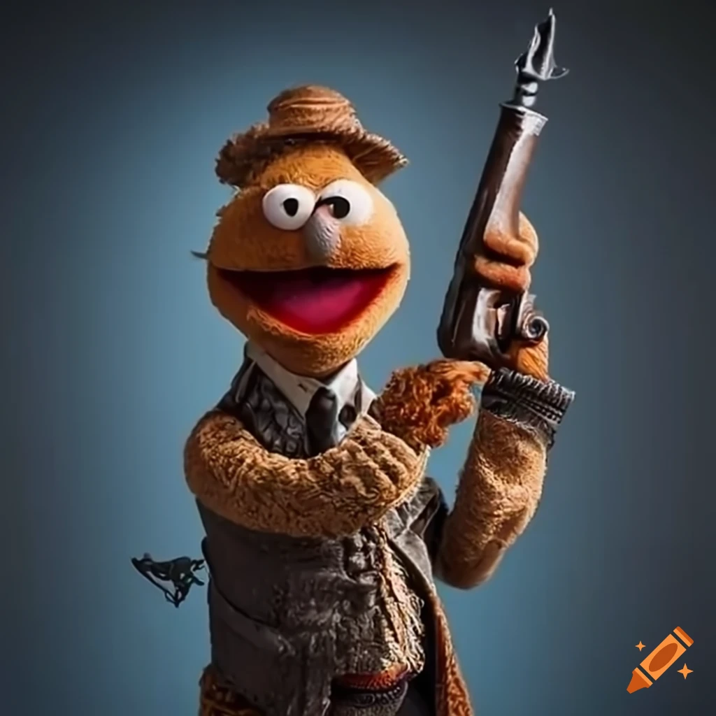 Muppet arm shooting an oversized flintlock gun
