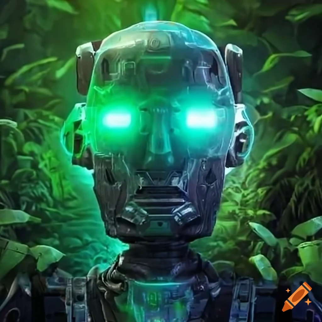 Image of a robot with green laser eyes in the jungle on Craiyon