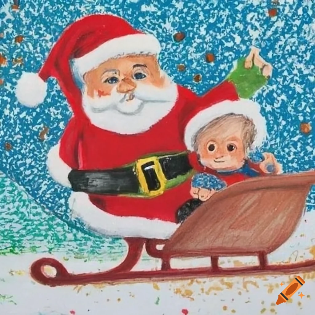 Crayon drawing of santa and his son on a sleigh