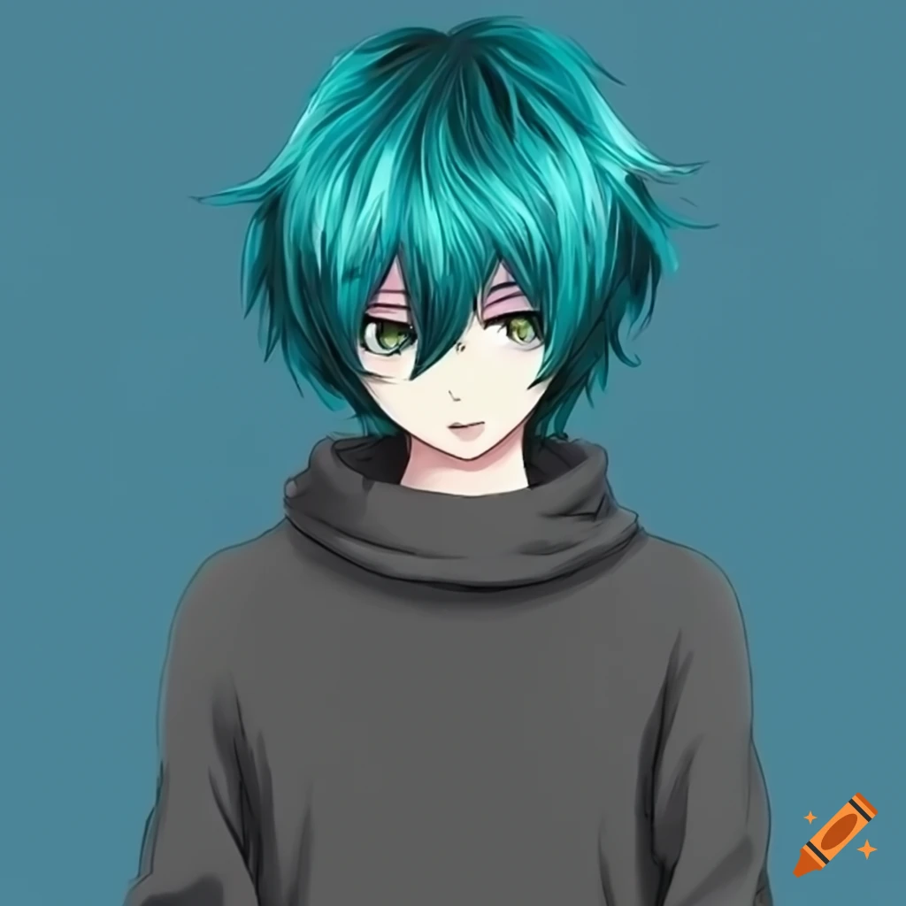 Anime-style character with dark turquoise hair and a dark grey sweater