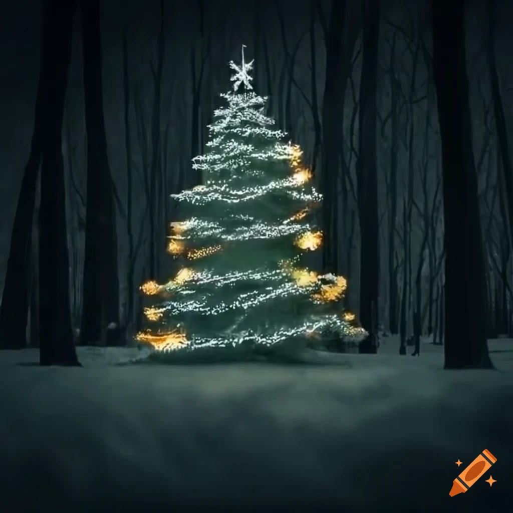 Decorated christmas tree in the forest on Craiyon