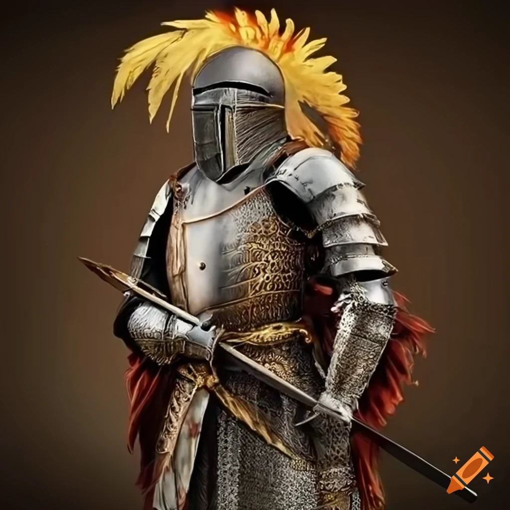Artwork of a medieval knight with a feathered helmet