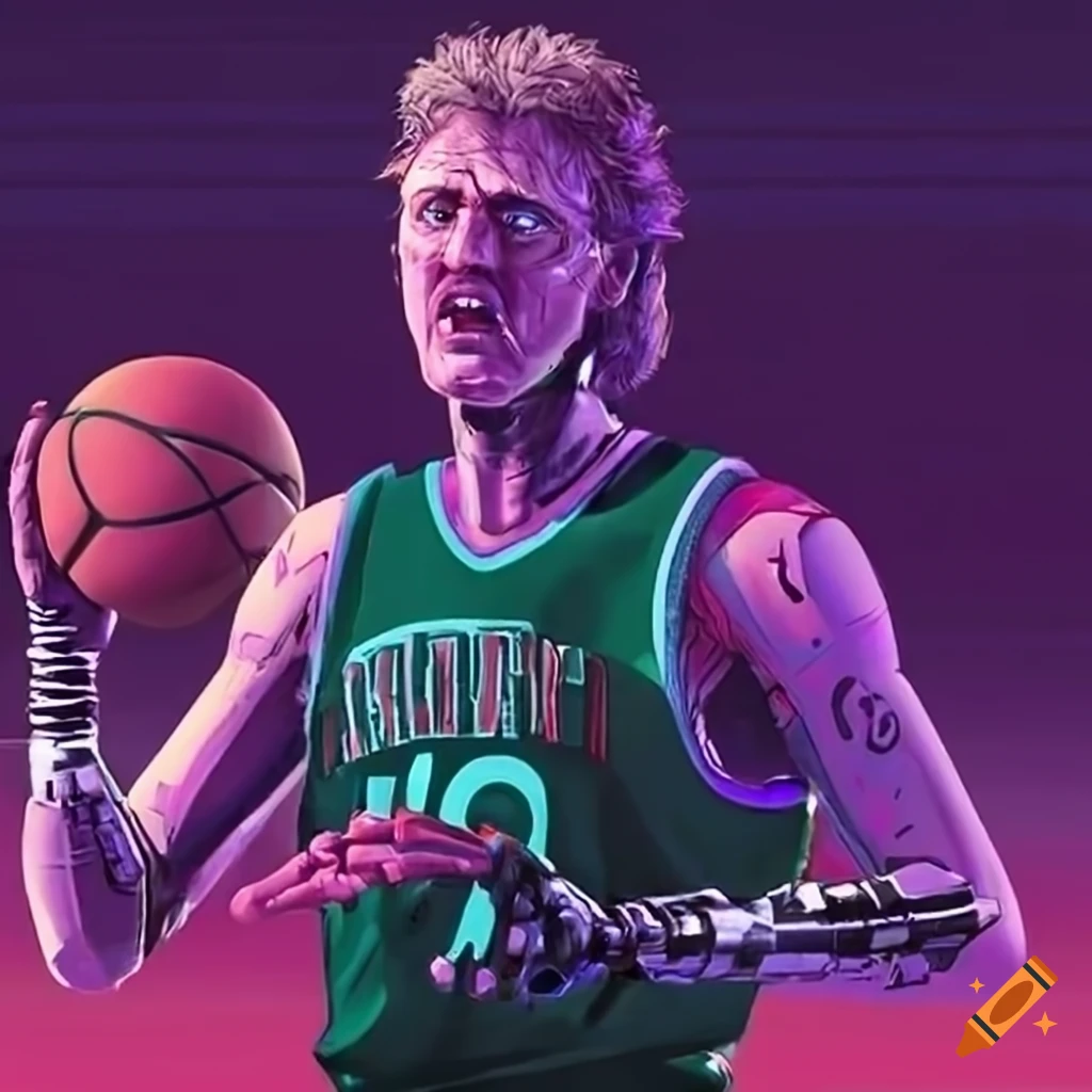 Cyberpunk larry bird with a basketball