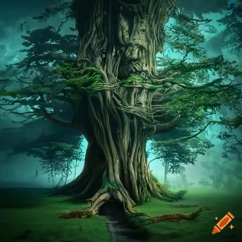 Magical forest with mythical creatures and ancient tree on Craiyon