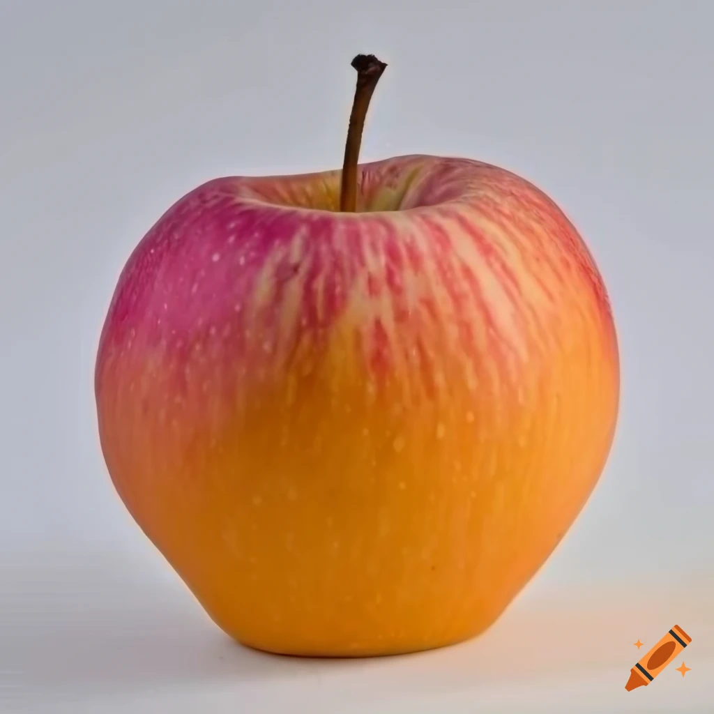 Close-up photo of a striped pink apple with long stalk on Craiyon