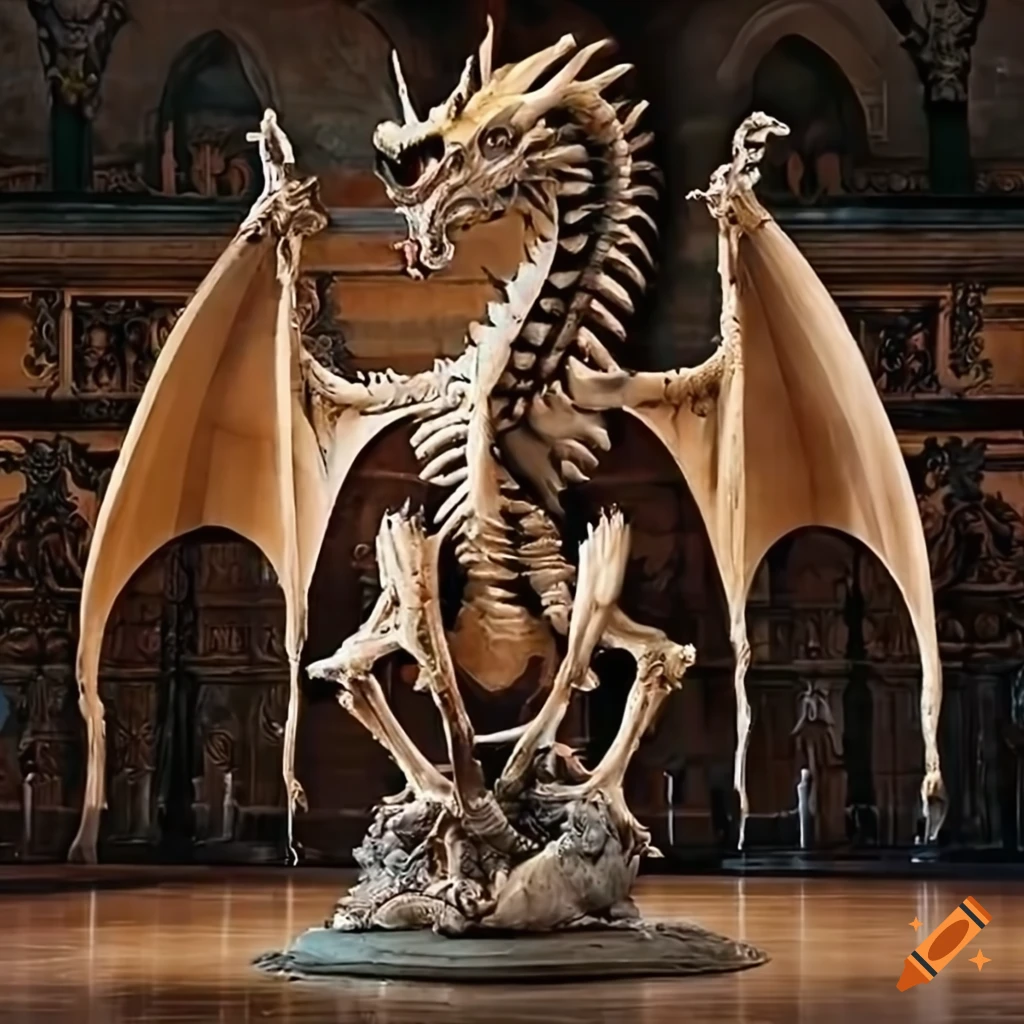 Skeletal dragon sculptures in a majestic hall on Craiyon