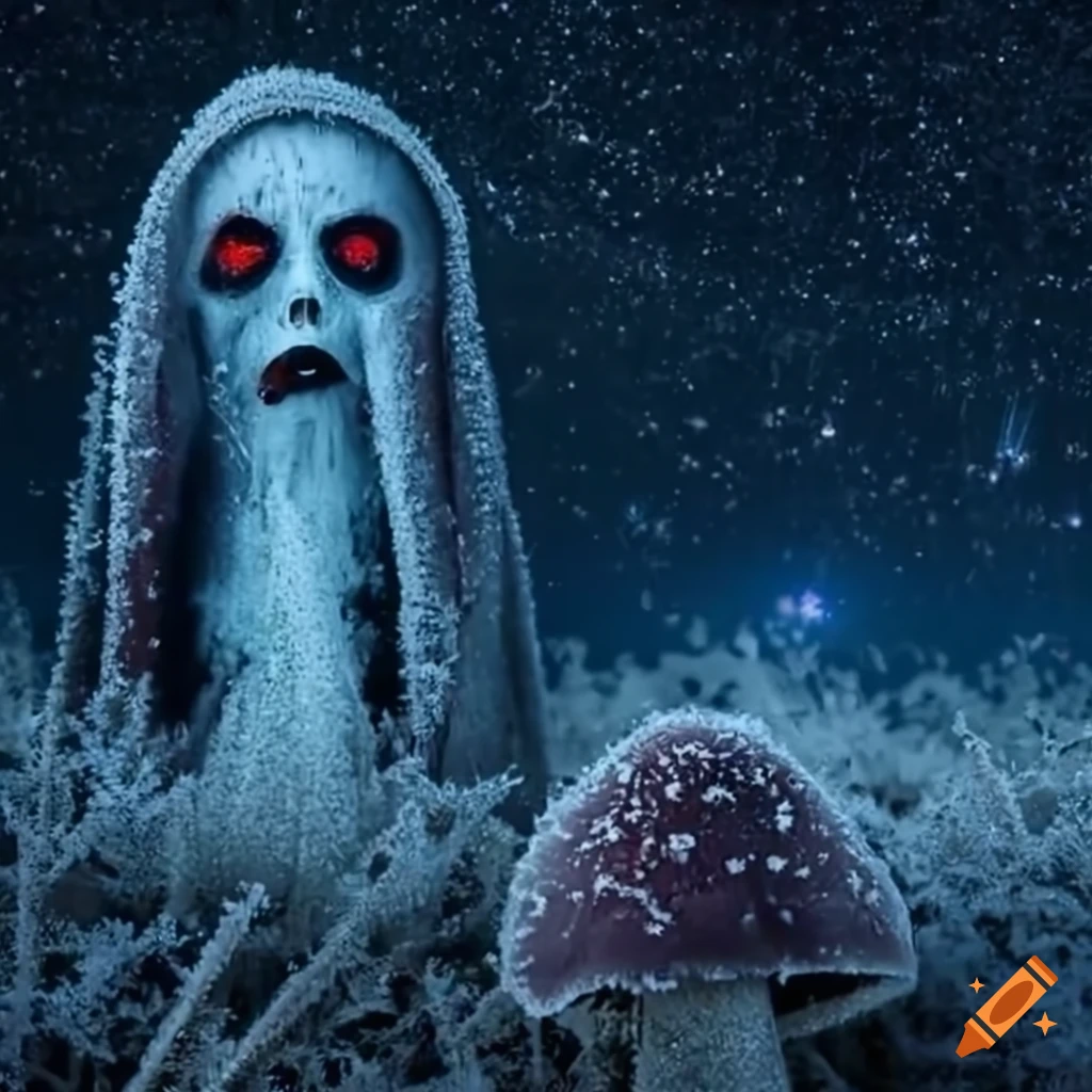 Ghost among frost-covered mushrooms with shooting stars