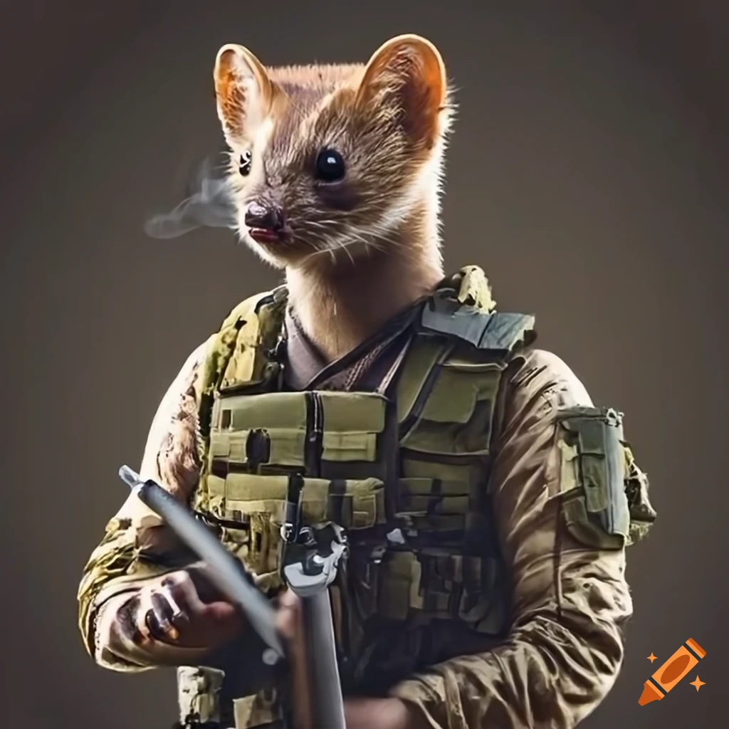 Weasel in tactical gear smoking