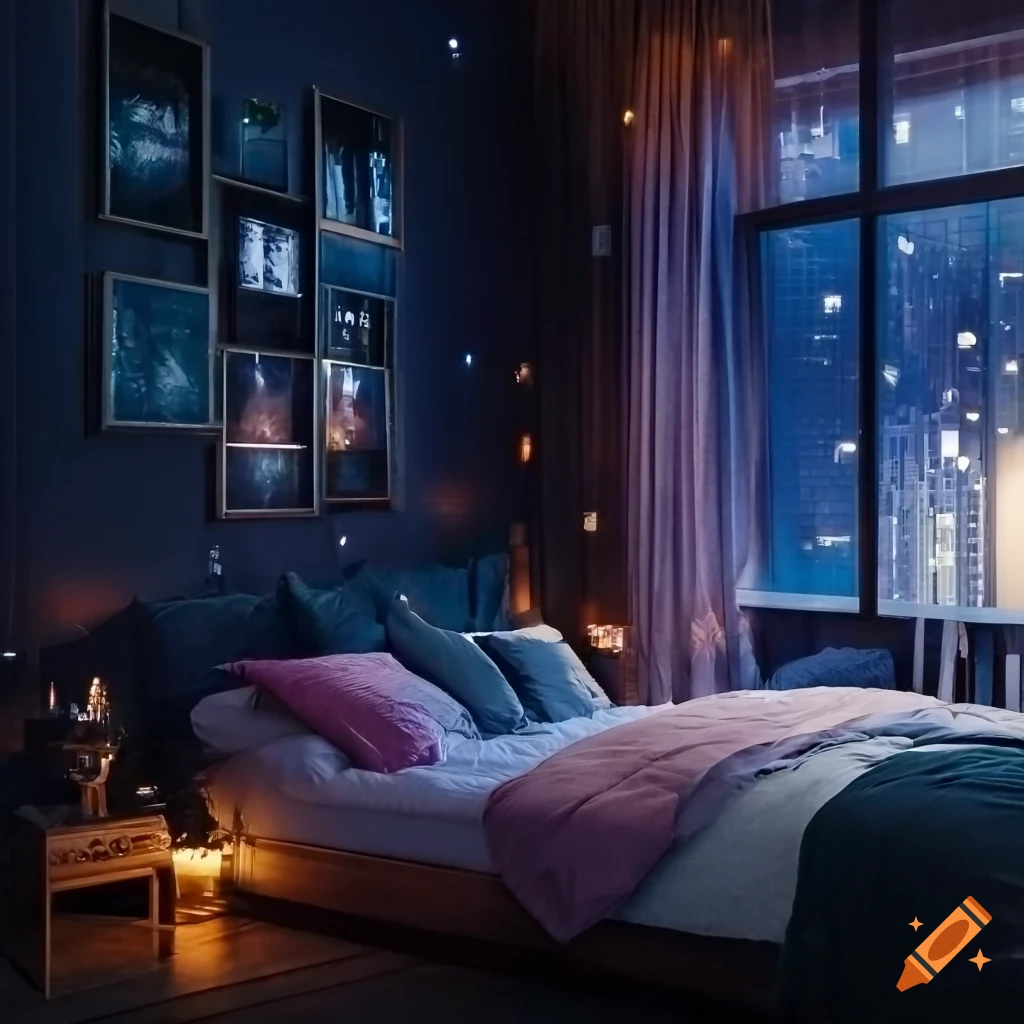 Cozy bedroom with a city skyline view at night on Craiyon