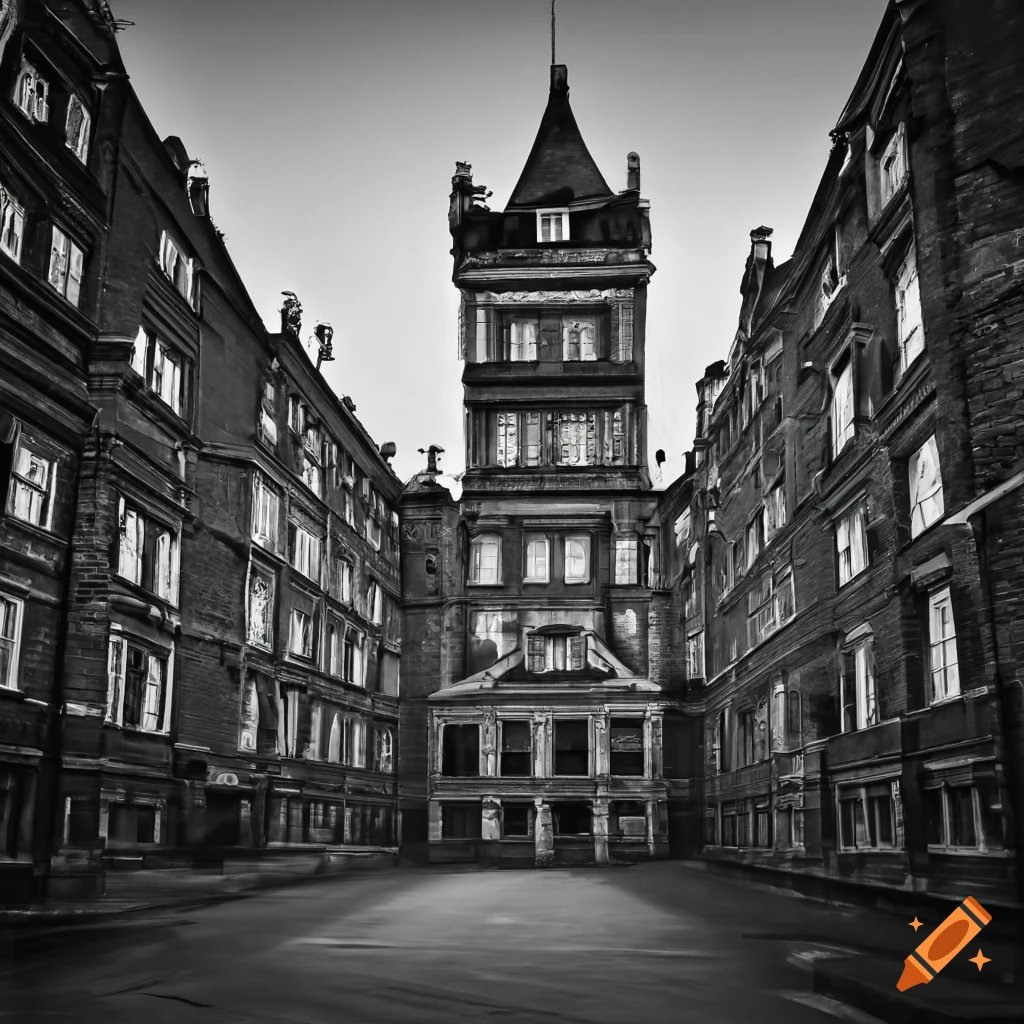 Black and white photo of a victorian building surrounded by brick walls