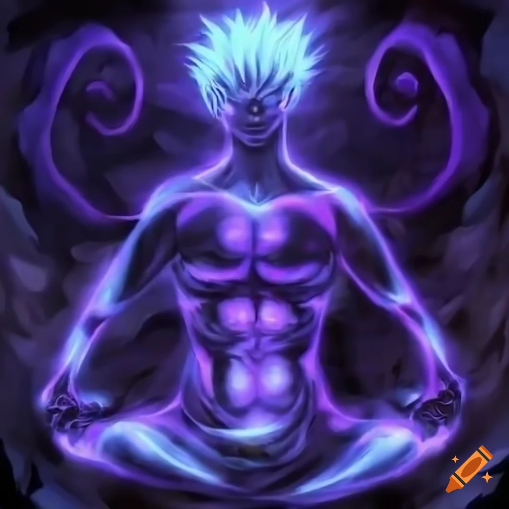 Dark and powerful anime manga character in a cave on Craiyon