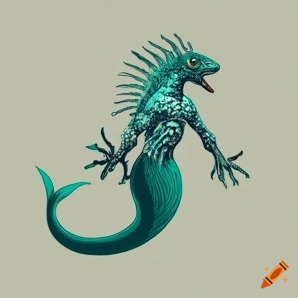 Etching of a sea cucumber-lizard hybrid merman